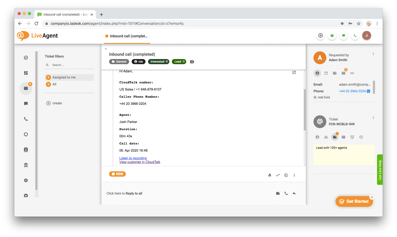 Liveagent app integration for your phone system - CloudTalk